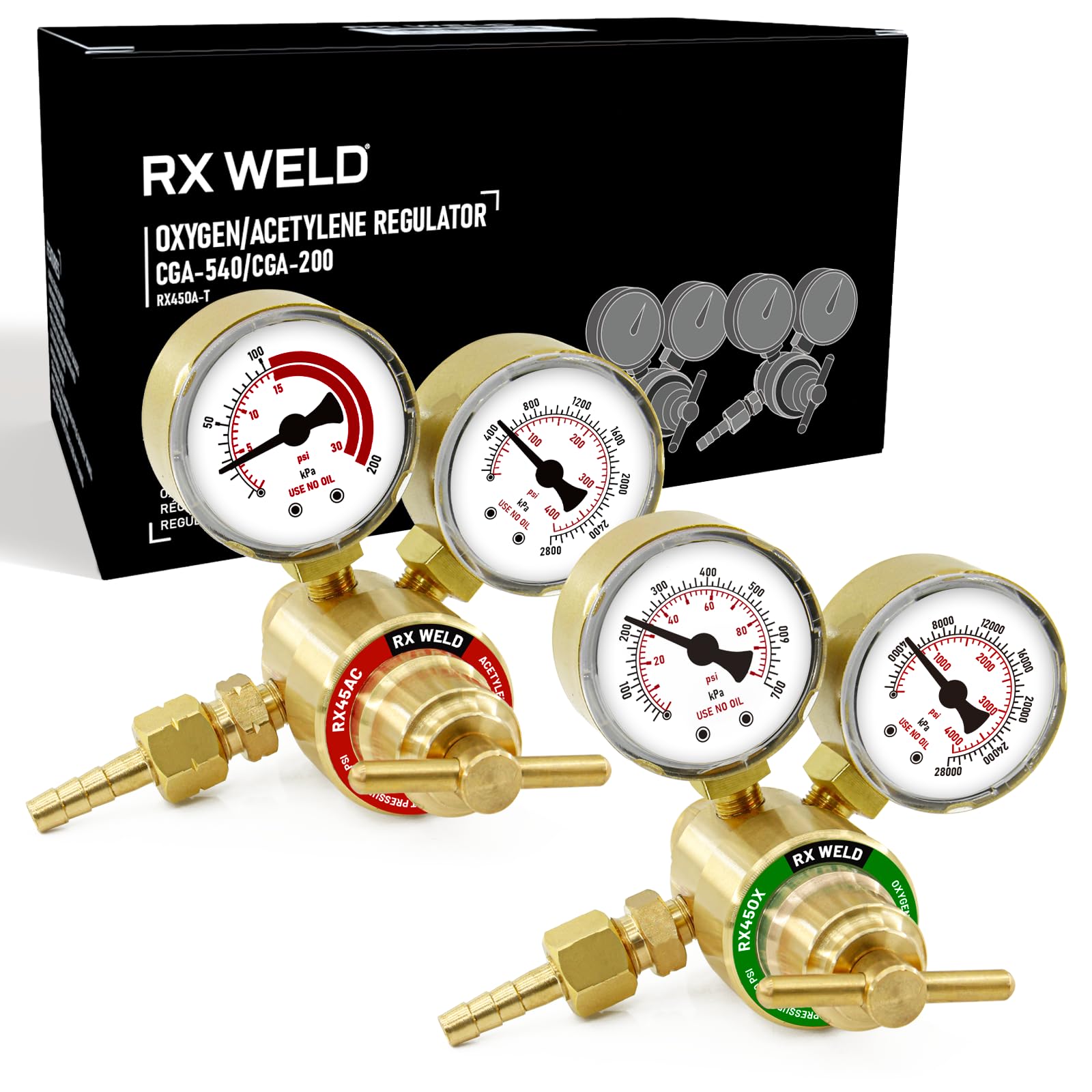 RX WELD Oxygen and Acetylene Regulators, CGA540 and CGA200, Compatible with V-Style Welding Gas Torch Cutting - T Handle