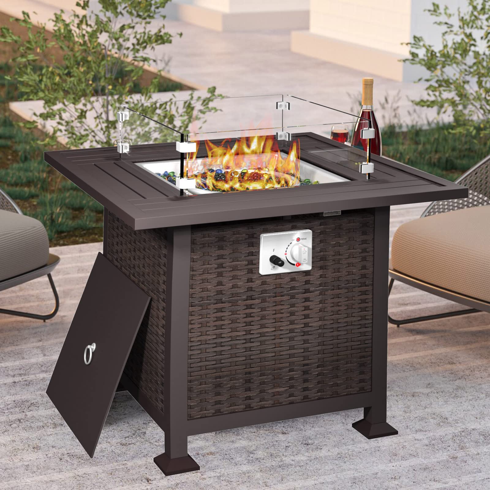 VONZOY 32 Inch Outdoor Gas Fire Pit Table, 50,000 BTU Wicker Propane Firepit w/Glass Tabletop, Glass Wind Guard, Clear Glass Rocks and Cover