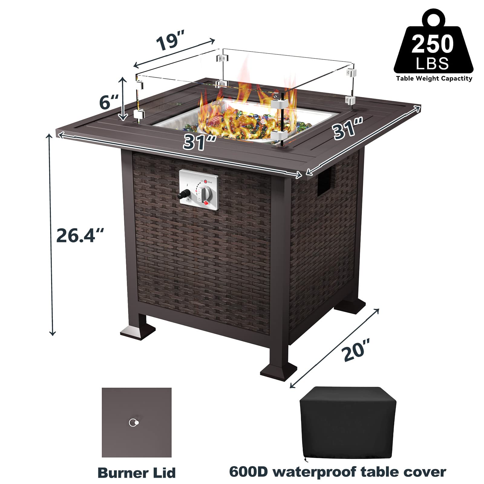 VONZOY 32 Inch Outdoor Gas Fire Pit Table, 50,000 BTU Wicker Propane Firepit w/Glass Tabletop, Glass Wind Guard, Clear Glass Rocks and Cover