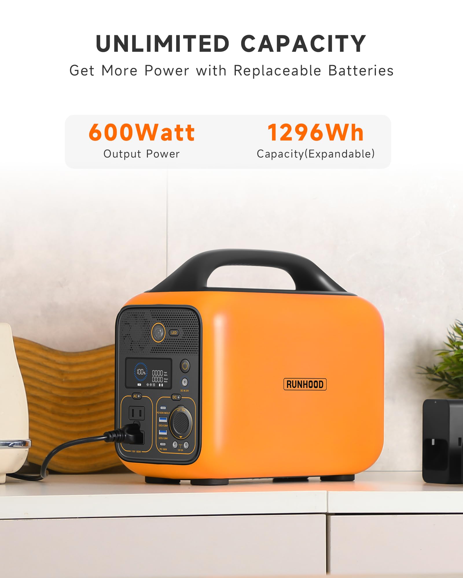 Runhood Solar Generator Rallye 600 Plus, 1296Wh Power Station With Solar Panel & 4 Hot Swappable Batteries, 110V/600W AC Outlet for Outdoors Camping, Home Use, Emergency, CPAP