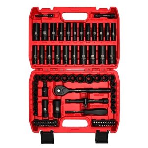 llndei 3/8”drive impact socket set,standard sae(5/16 to 3/4-inch) metric size(8-22mm), 95 piece, cr-v steel deep&shallow kit, adapters, ratchet handle, screwdriver bit set, spark plug socket, 6 point