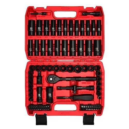 LLNDEI 3/8”Drive Impact Socket Set,Standard SAE(5/16 to 3/4-Inch) Metric Size(8-22mm), 95 Piece, CR-V Steel Deep&Shallow Kit, Adapters, Ratchet Handle, Screwdriver Bit Set, Spark Plug Socket, 6 Point