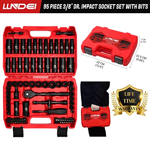 LLNDEI 3/8”Drive Impact Socket Set,Standard SAE(5/16 to 3/4-Inch) Metric Size(8-22mm), 95 Piece, CR-V Steel Deep&Shallow Kit, Adapters, Ratchet Handle, Screwdriver Bit Set, Spark Plug Socket, 6 Point