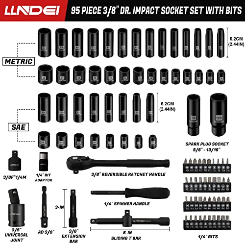 LLNDEI 3/8”Drive Impact Socket Set,Standard SAE(5/16 to 3/4-Inch) Metric Size(8-22mm), 95 Piece, CR-V Steel Deep&Shallow Kit, Adapters, Ratchet Handle, Screwdriver Bit Set, Spark Plug Socket, 6 Point