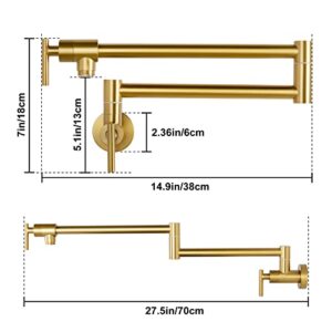 Pot Filler Faucet 24 Inch Brushed Brass Wall Mount Kitchen Restaurant Sink Faucet Folding Stretchable with Single Hole Two Handles, Gold