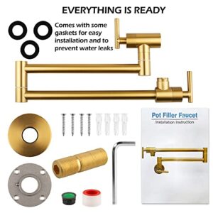 Pot Filler Faucet 24 Inch Brushed Brass Wall Mount Kitchen Restaurant Sink Faucet Folding Stretchable with Single Hole Two Handles, Gold