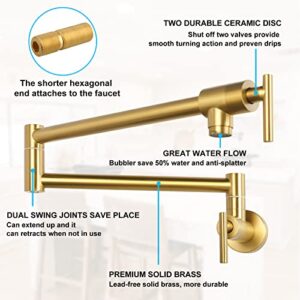 Pot Filler Faucet 24 Inch Brushed Brass Wall Mount Kitchen Restaurant Sink Faucet Folding Stretchable with Single Hole Two Handles, Gold