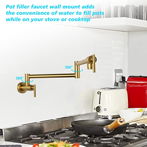 Pot Filler Faucet 24 Inch Brushed Brass Wall Mount Kitchen Restaurant Sink Faucet Folding Stretchable with Single Hole Two Handles, Gold