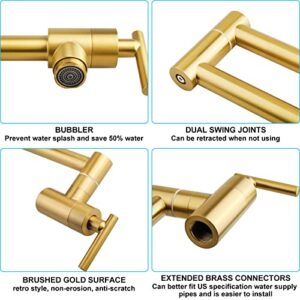 Pot Filler Faucet 24 Inch Brushed Brass Wall Mount Kitchen Restaurant Sink Faucet Folding Stretchable with Single Hole Two Handles, Gold