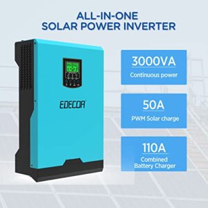 EDECOA 3000VA 24V Pure Sine Wave Hybrid Inverter Off-Grid DC 24V to AC 110V120V with 50A Solar Contorller Solar Inverter for RV Home Solar System (3KVA/2400W 24V PWM)