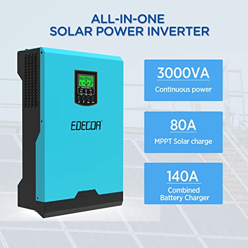 EDECOA 3000VA 24V Pure Sine Wave Hybrid Inverter Off-Grid DC 24V to AC 120V with 80A MPPT Solar Contorller Solar Inverter for RV Home Solar System (3KVA/2400W 24V MPPT)