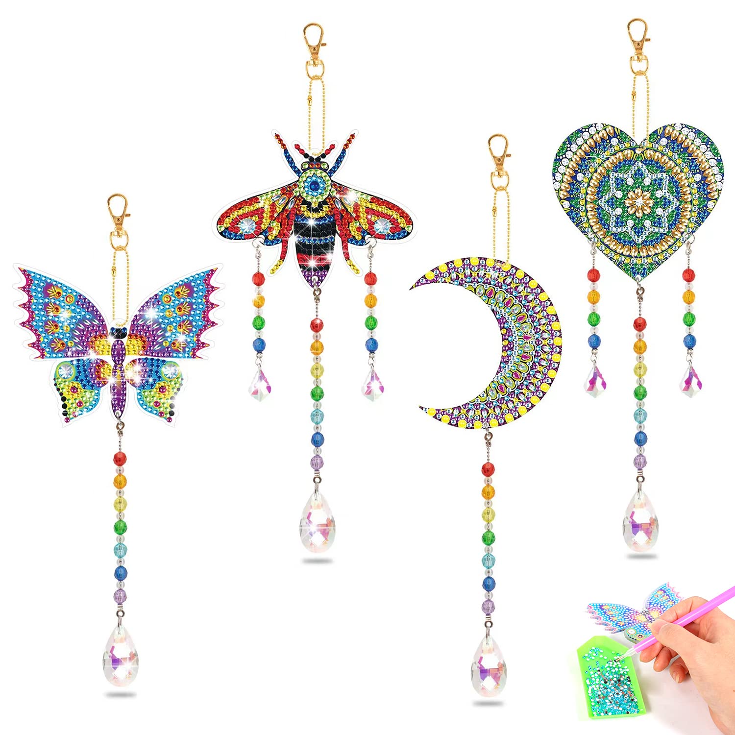 4 PCS 5D Diamond Painting Kits, Wind Chime, Butterfly Bee Love Moon Double Sided Crystal Gem Paint Suncatcher Hanging Ornament