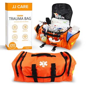 jj care trauma bag 250pcs first responder kit, emt bag with padded strap, reflective medical bag fully stocked, multiple pockets ems emt bags fully stocked, first aid trauma bags fully stocked