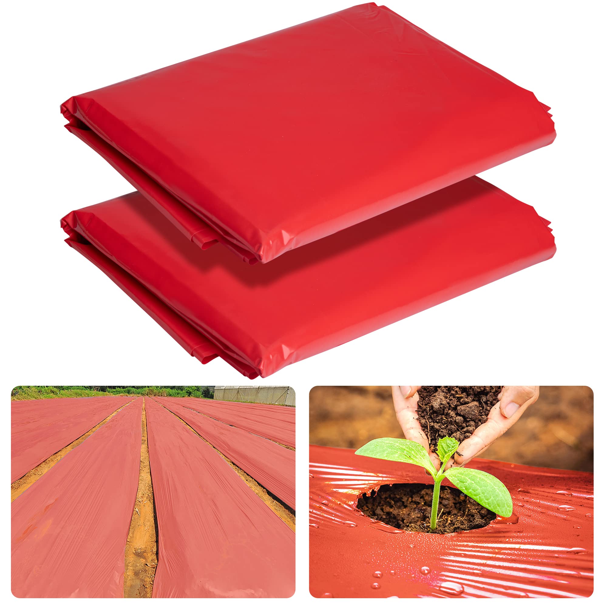 2Pack 3 Mil Embossed Red Mulch Garden Plastic Film, 4ft X 25ft Red Agriculture Crops Grow Film,Red Planting Mulch Film for Potato, Tomato, Eggplant, Strawberry