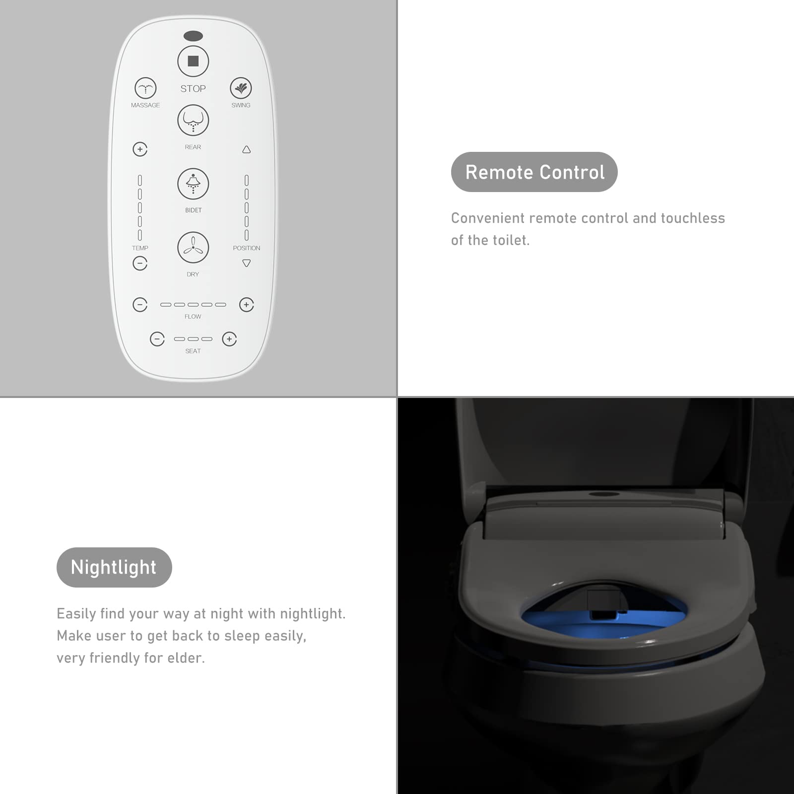 KUNPENG Bidet Toilet Seat Elongated: Electronic Bidet Toilet Seat with Heated Bidet, Warm Water Washing, Hot Air Dryer, Remote Control, Self Cleaning Full Stainless Nozzle, LED Night Light