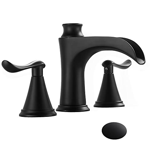 FBUKE Black Bathroom Faucet Waterfall Bathroom Sink Faucet 3 Hole with Pop Up Drain Farmhouse Brass Mixer Tap, Matte Black