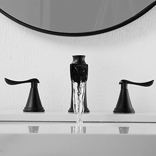 FBUKE Black Bathroom Faucet Waterfall Bathroom Sink Faucet 3 Hole with Pop Up Drain Farmhouse Brass Mixer Tap, Matte Black