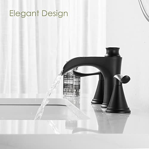 FBUKE Black Bathroom Faucet Waterfall Bathroom Sink Faucet 3 Hole with Pop Up Drain Farmhouse Brass Mixer Tap, Matte Black