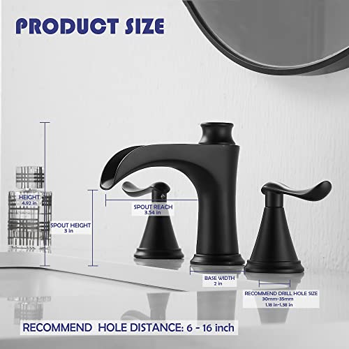 FBUKE Black Bathroom Faucet Waterfall Bathroom Sink Faucet 3 Hole with Pop Up Drain Farmhouse Brass Mixer Tap, Matte Black