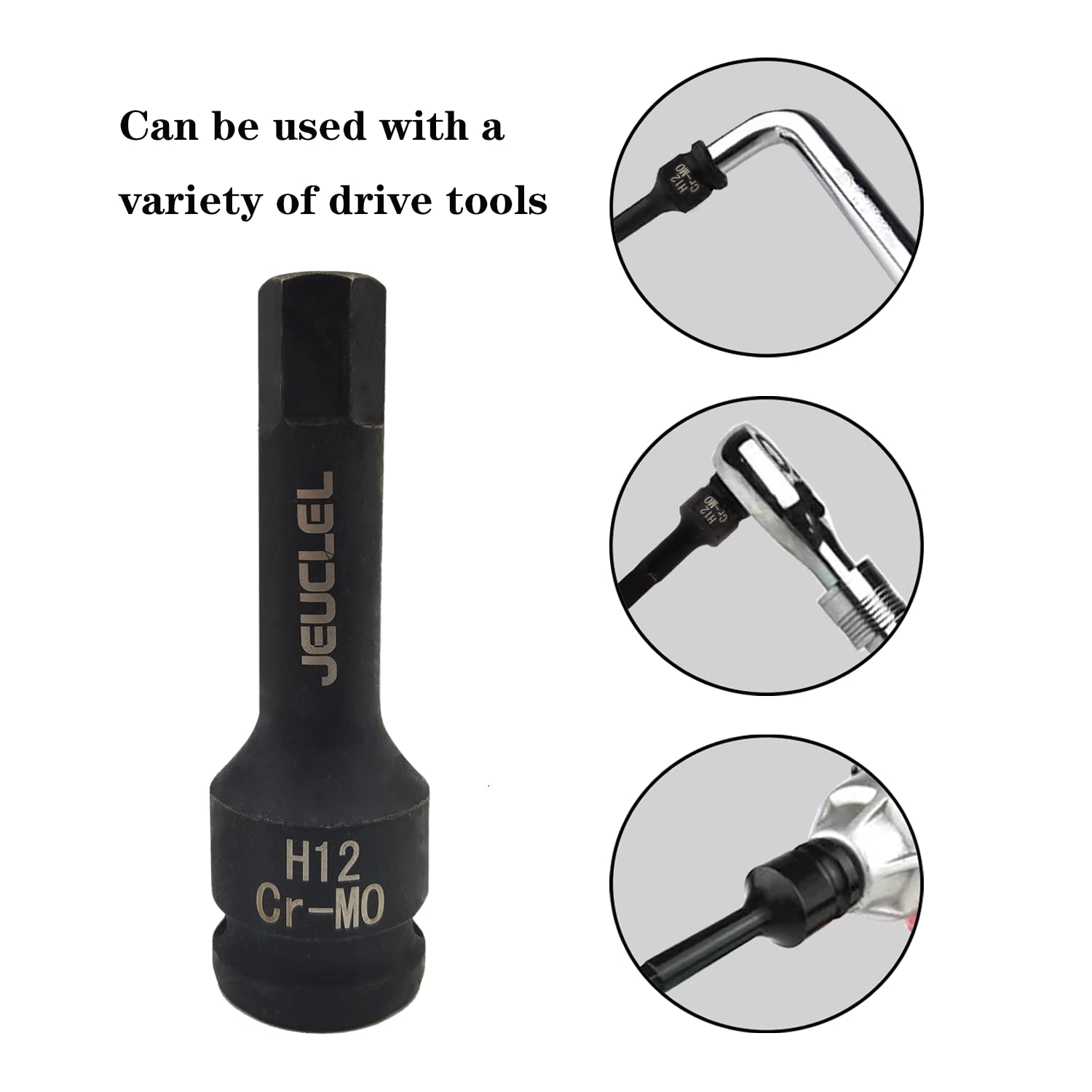 JEUCLEL 12mm Hex Impact Bit Socket, H12 1/2-Inch Impact Drive Allen Socket, Cr-Mo Steel Lengthen Hex Screwdriver Socket Adapter