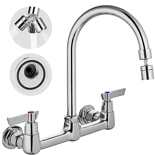 Airuida Chrome Polish Wall Mount Kitchen Sink Faucet, Wall Mounted Faucet 8 Inches Center, Wall Mount Commercial KinkFaucet, 2 Handle Restaurant Tap Swivel Spout Wall Mounted Utility Sink Faucets