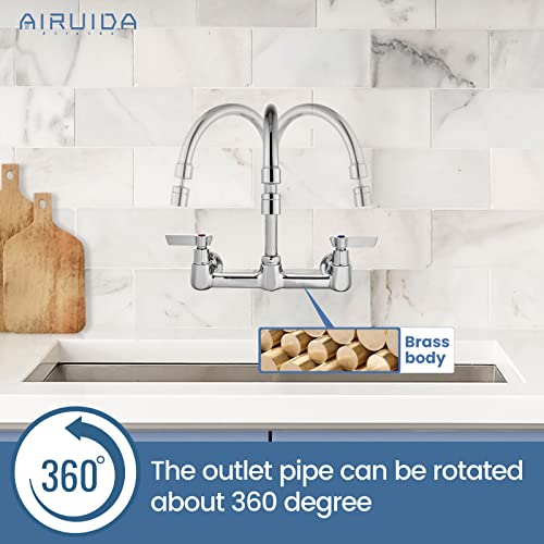 Airuida Chrome Polish Wall Mount Kitchen Sink Faucet, Wall Mounted Faucet 8 Inches Center, Wall Mount Commercial KinkFaucet, 2 Handle Restaurant Tap Swivel Spout Wall Mounted Utility Sink Faucets