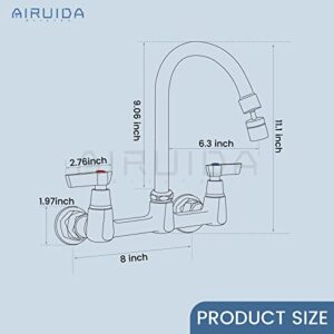 Airuida Chrome Polish Wall Mount Kitchen Sink Faucet, Wall Mounted Faucet 8 Inches Center, Wall Mount Commercial KinkFaucet, 2 Handle Restaurant Tap Swivel Spout Wall Mounted Utility Sink Faucets