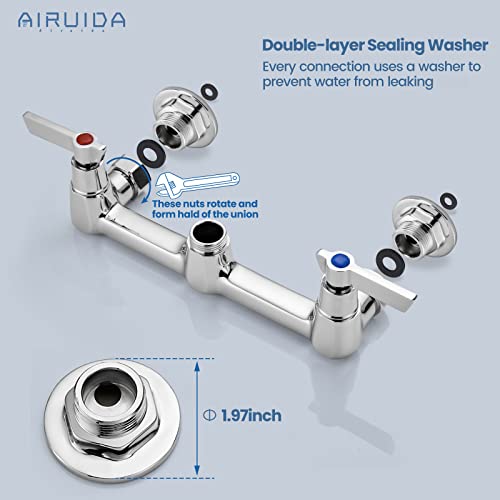 Airuida Chrome Polish Wall Mount Kitchen Sink Faucet, Wall Mounted Faucet 8 Inches Center, Wall Mount Commercial KinkFaucet, 2 Handle Restaurant Tap Swivel Spout Wall Mounted Utility Sink Faucets