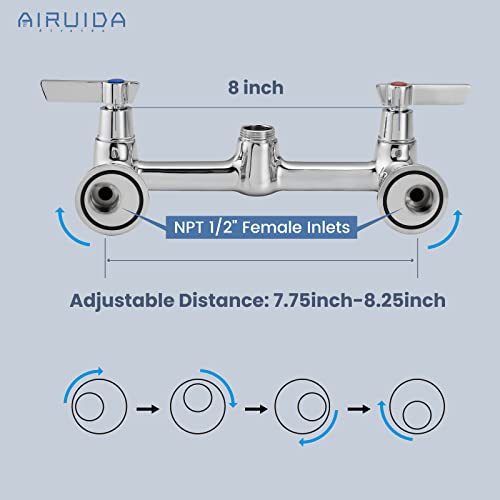 Airuida Chrome Polish Wall Mount Kitchen Sink Faucet, Wall Mounted Faucet 8 Inches Center, Wall Mount Commercial KinkFaucet, 2 Handle Restaurant Tap Swivel Spout Wall Mounted Utility Sink Faucets