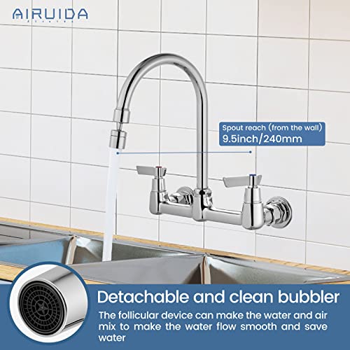 Airuida Chrome Polish Wall Mount Kitchen Sink Faucet, Wall Mounted Faucet 8 Inches Center, Wall Mount Commercial KinkFaucet, 2 Handle Restaurant Tap Swivel Spout Wall Mounted Utility Sink Faucets