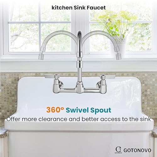 gotonovo Polish Chrome 8 Inch Center Wall Mount 360 Degree Swivel Spout Double Handles Kitchen Sink Faucet Kitchen Commercial Sink Utility Laundry Sink Mixer Tap