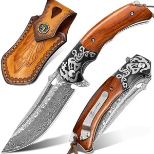 lothar rhaegal damascus pocket knife for men, handmade forged vg10 damascus folding knife with sandalwood, retro leather sheath, pocket clip, men gifts for birthday, christmas, father's day (yellow sandalwood)