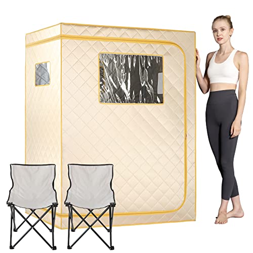 Smartmak Full Size Far Infrared Sauna, Two Person Home SPA with Time & Temperature Remote, Chairs, Light, 1 or 2 Person Privacy Indoor Saunas for Relaxation Detox,Beige