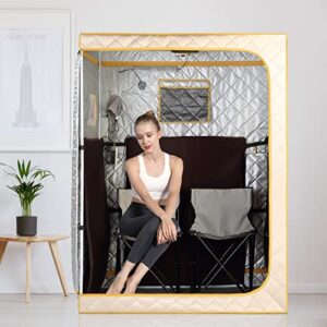 Smartmak Full Size Far Infrared Sauna, Two Person Home SPA with Time & Temperature Remote, Chairs, Light, 1 or 2 Person Privacy Indoor Saunas for Relaxation Detox,Beige