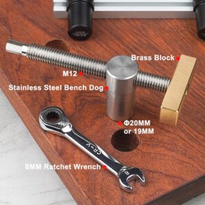 DDWT 2 Pack Bench Dog Clamp Dog Hole Clamp with 4 Pack Bench Dogs Woodworking 3/4 Inch Adjustable Workbench Stop Stainless Steel Brass (19mm)