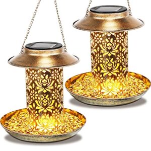 enhon 2 pack solar bird feeder for outdoors hanging, metal wild bird feeder for cardinals, weather resistance solar backyard garden lantern light decoration with s hook as gift ideas for bird lovers