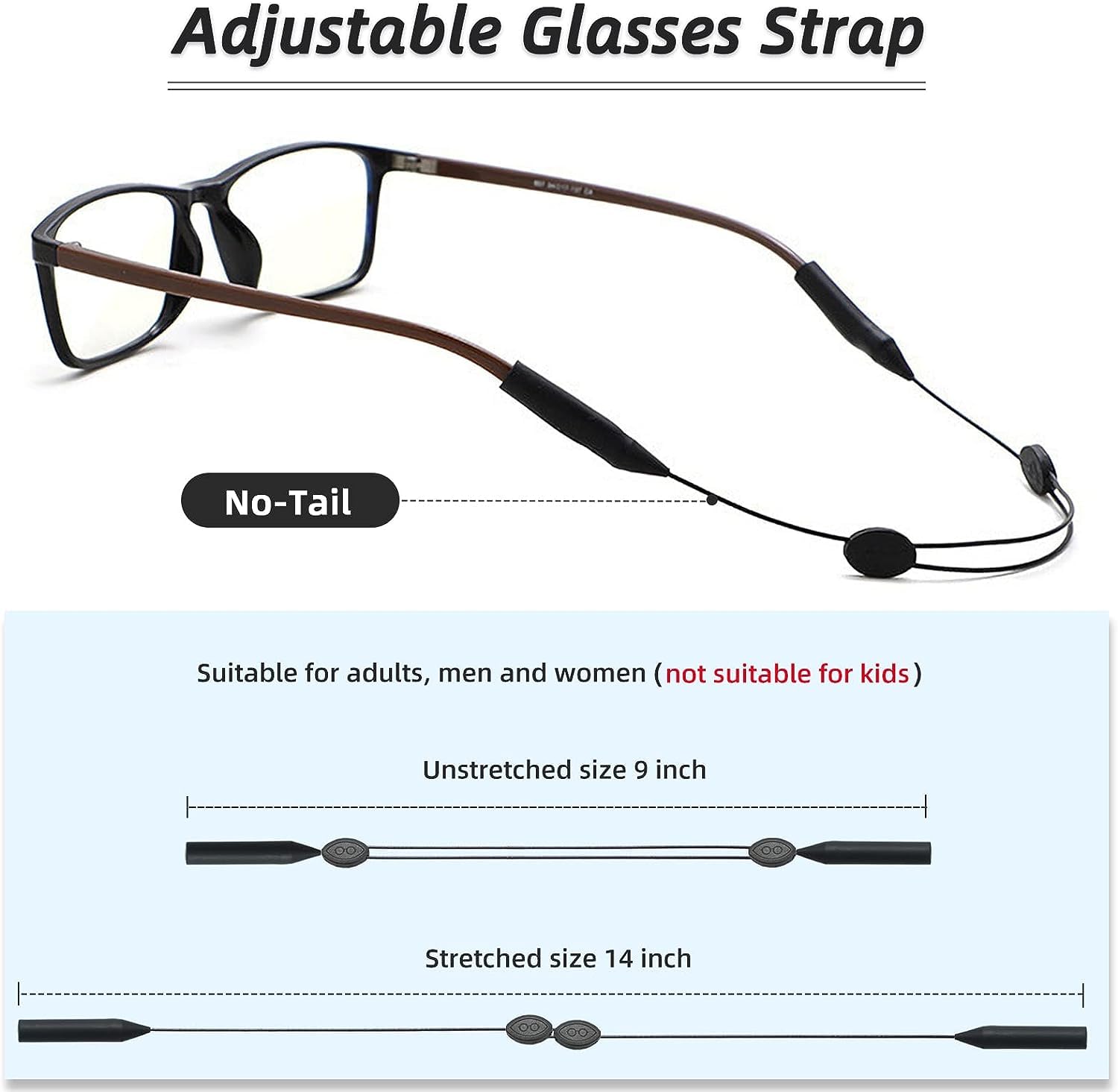 Maitsol Glasses Strap (4 PCS) - No Tail Sunglasses Strap - Adjustable Eyeglasses Strap - Eye Glasses Holder Around Neck, Sports Eyewear Retainer Glasses Strap for Men Women 14Inch（Black）