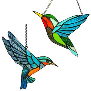 2 pack hummingbird stained glass birds window hangings, stained glass decorations,bird suncatcher for window decor hummingbird gifts for mom,bird lovers