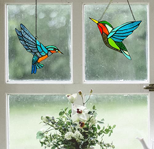 2 Pack Hummingbird Stained Glass Birds Window Hangings, Stained Glass Decorations,Bird Suncatcher for Window Decor Hummingbird Gifts for Mom,Bird Lovers