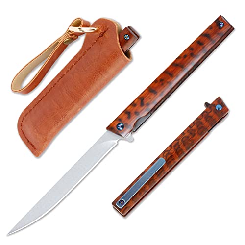 Samior GP035 Small Flipper Pocket Gentlemen's Knife, 3.5 inches D2 Drop Point Blades, Snakewood Handle, Blue Titanium Clip, Minimalist Folding EDC Backup Tool Knives with Leather Sheath (Silver)