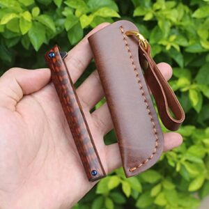 Samior GP035 Small Flipper Pocket Gentlemen's Knife, 3.5 inches D2 Drop Point Blades, Snakewood Handle, Blue Titanium Clip, Minimalist Folding EDC Backup Tool Knives with Leather Sheath (Silver)