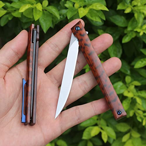 Samior GP035 Small Flipper Pocket Gentlemen's Knife, 3.5 inches D2 Drop Point Blades, Snakewood Handle, Blue Titanium Clip, Minimalist Folding EDC Backup Tool Knives with Leather Sheath (Silver)