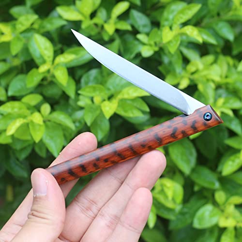 Samior GP035 Small Flipper Pocket Gentlemen's Knife, 3.5 inches D2 Drop Point Blades, Snakewood Handle, Blue Titanium Clip, Minimalist Folding EDC Backup Tool Knives with Leather Sheath (Silver)