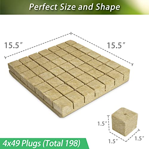 Future Way 1.5" Rockwool Cubes with Holes, Starter Plugs for Hydroponics, Easy to Transplant and Cut by Scissors, 4 Sheets of 49 Plugs, 196 Plugs Total