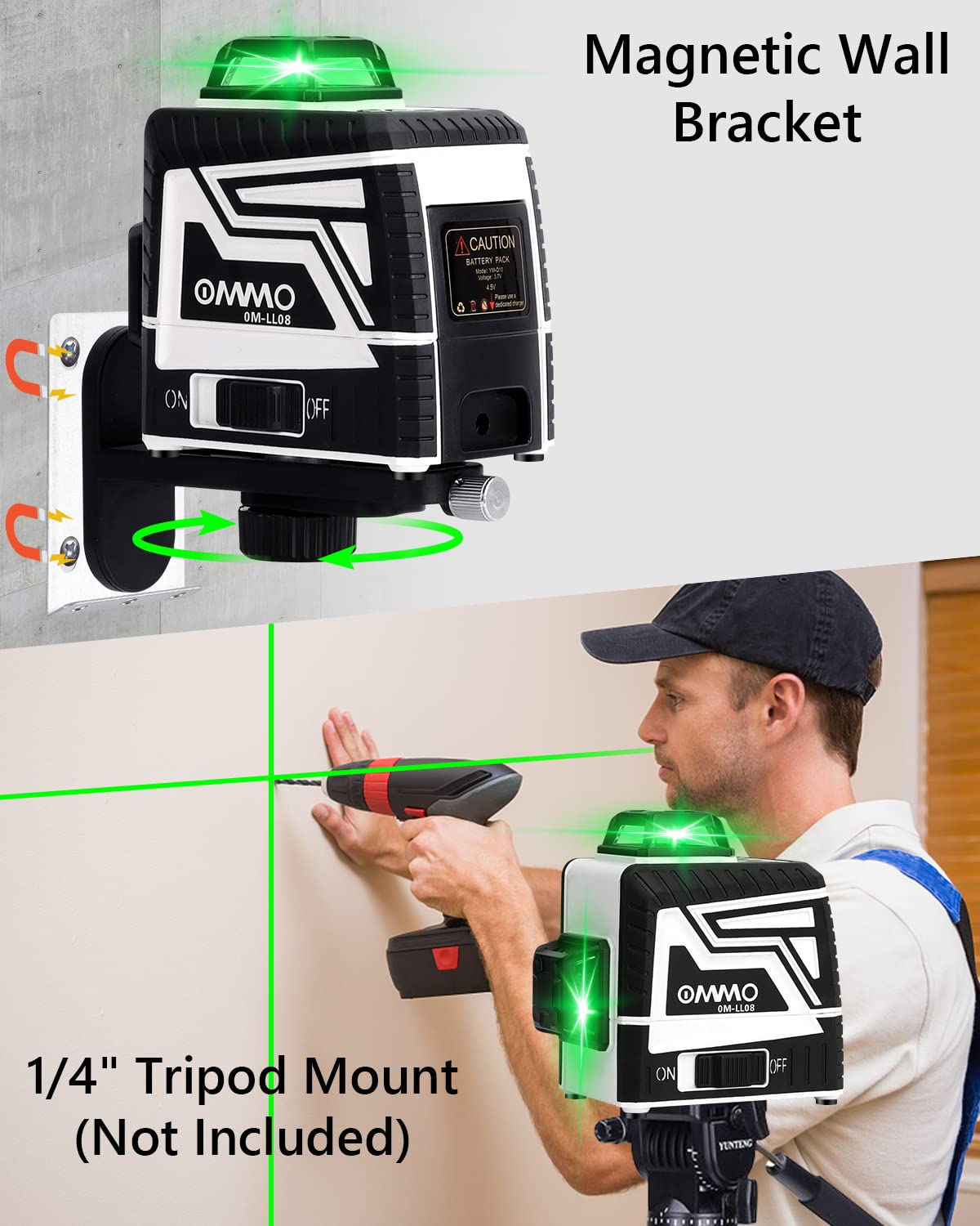 OMMO Laser Level, 8 Lines Green Laser Level Self Leveling Tool, 2 x 360° Green Cross Lines Laser Beams, 150 ft Laser Level with One Horizontal and One Vertical Line for Construction Picture Hanging