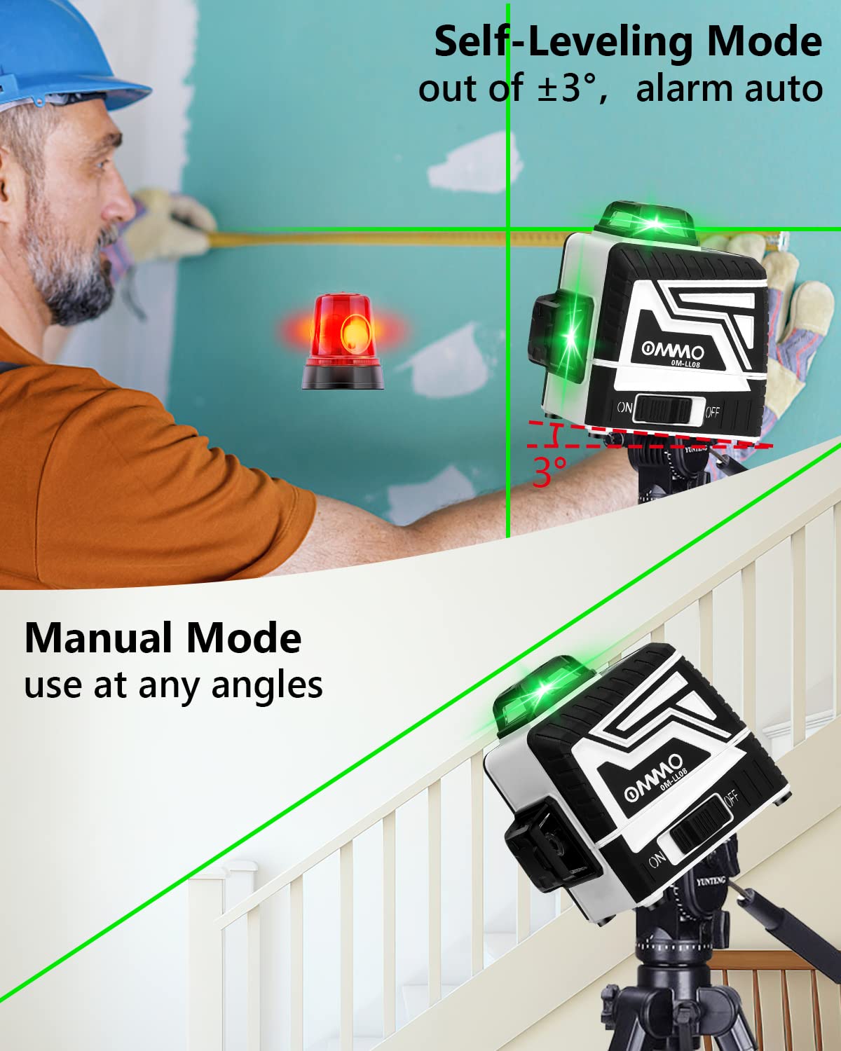 OMMO Laser Level, 8 Lines Green Laser Level Self Leveling Tool, 2 x 360° Green Cross Lines Laser Beams, 150 ft Laser Level with One Horizontal and One Vertical Line for Construction Picture Hanging