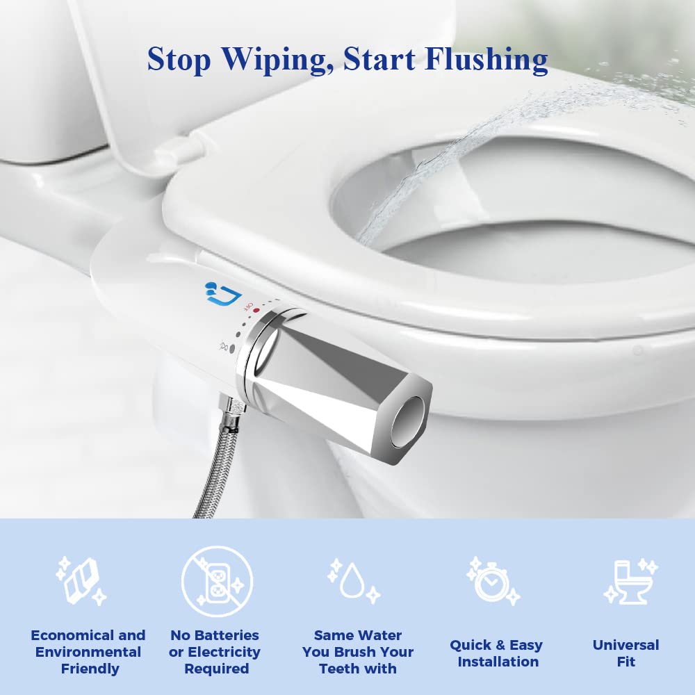 Bidet Attachment for Toilet,Bidet Toilet Seat Attachment with Non-Electric Dual Nozzle(Self Cleaning Feminine/Posterior Wash),Adjustable Water Pressure Bidet with Brass Inlet(Silver and White)