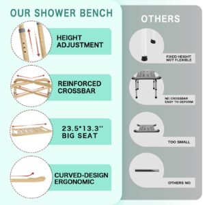 Shower Bench Bamboo Shower Chair for Inside Shower, 23.5 Inch Spa Bath Stool with Handles, Height Adjustable Shower Stool Bath Chair for Adults Seniors and Disabled (Natural)