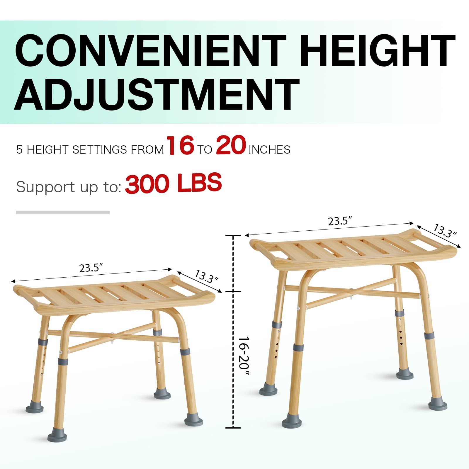 Shower Bench Bamboo Shower Chair for Inside Shower, 23.5 Inch Spa Bath Stool with Handles, Height Adjustable Shower Stool Bath Chair for Adults Seniors and Disabled (Natural)