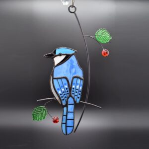 Lolitarcrafts Blue Jay Modern Stained Glass Window Hangings Blue Birds Suncathers for Window